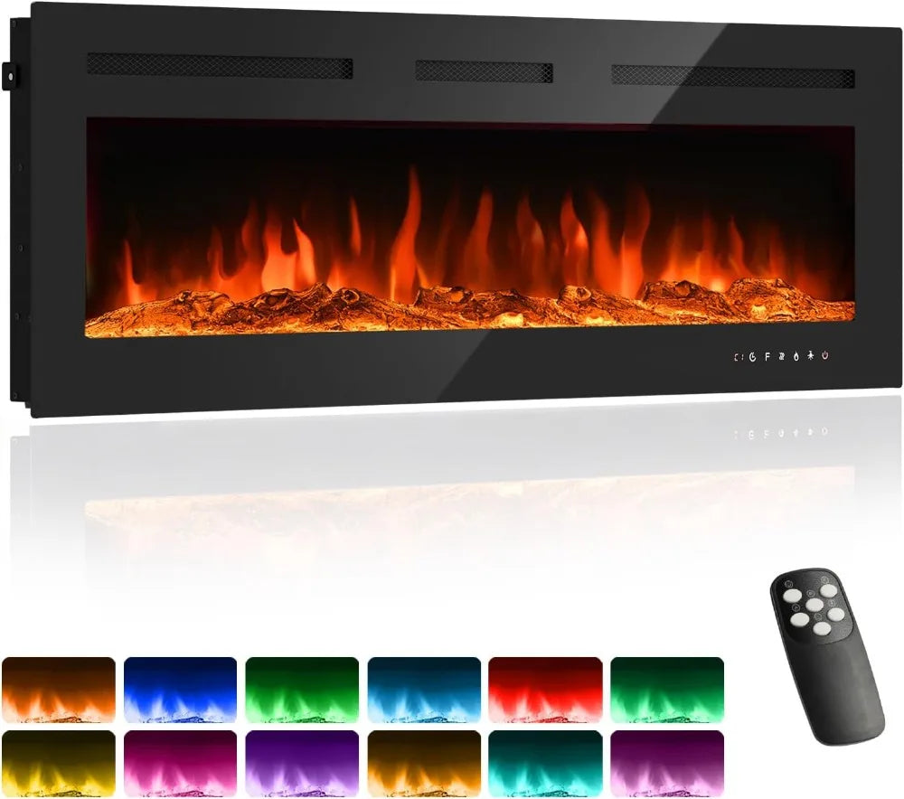 50-Inch Electric Fireplace Insert with Remote, 3 Heating Modes, 12 Fla ...