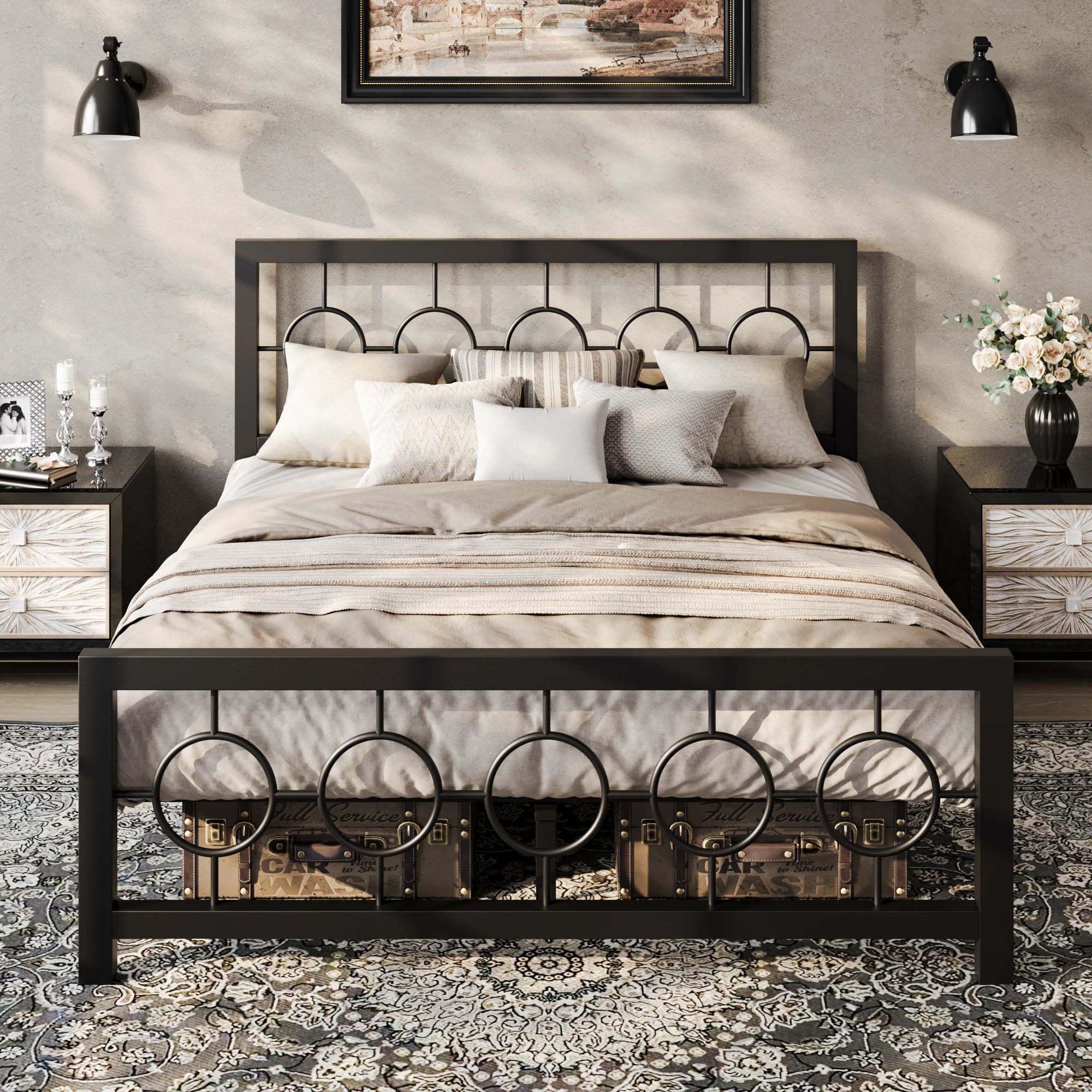 HOOMIC Metal Platform Bed Frame with Vintage Circular Design Headboard ...