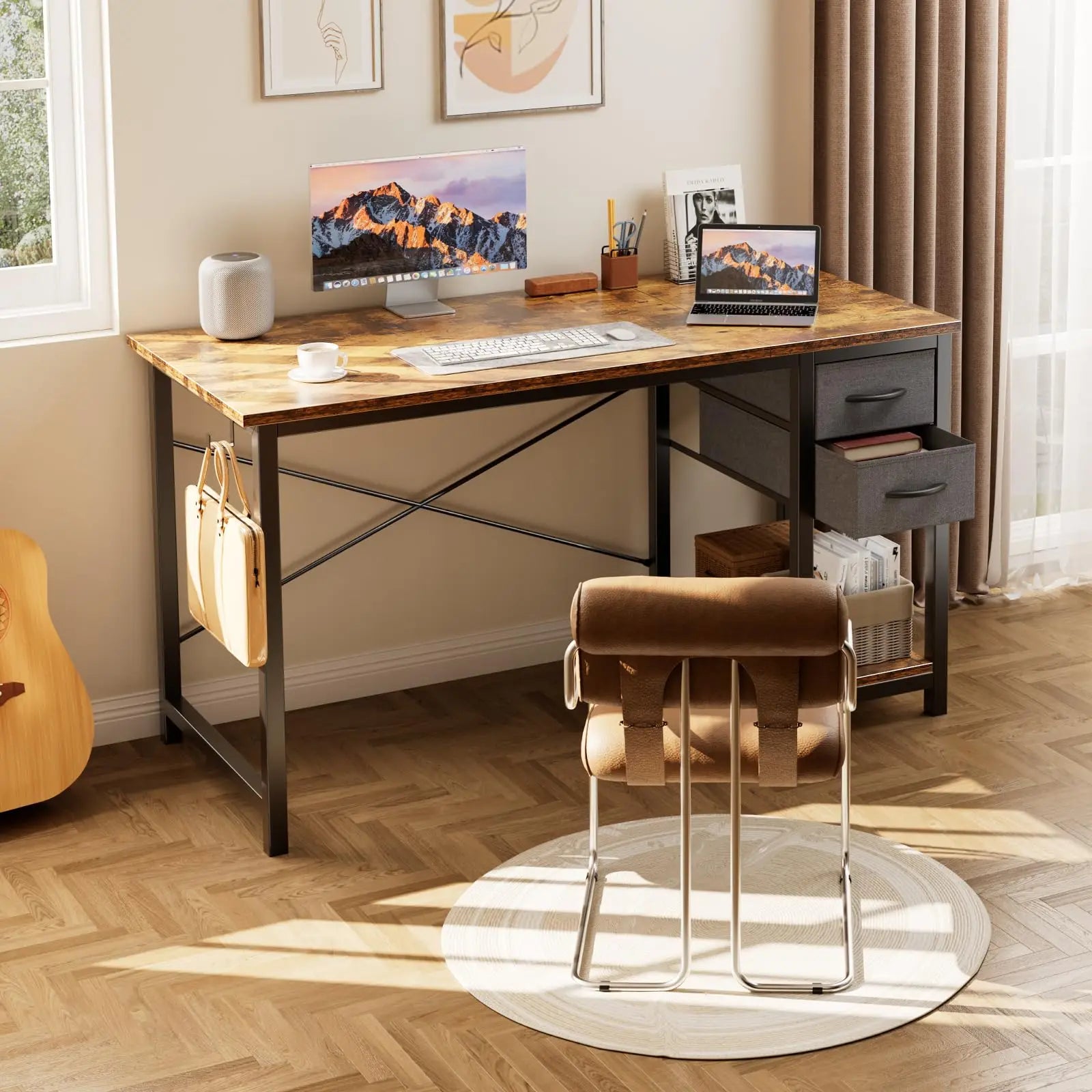 JHK 47IN Computer Desk with 2 Drawers For Study Office Gaming Wood Tab ...